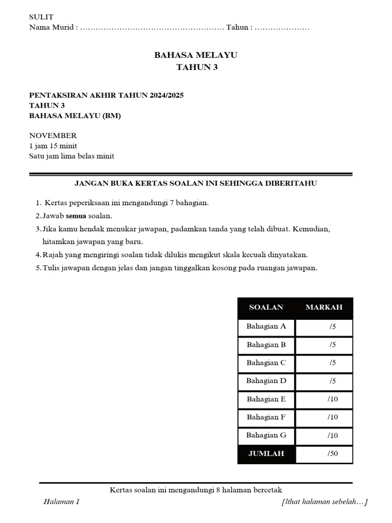 UASA BM THN 3 SET 1 | PDF