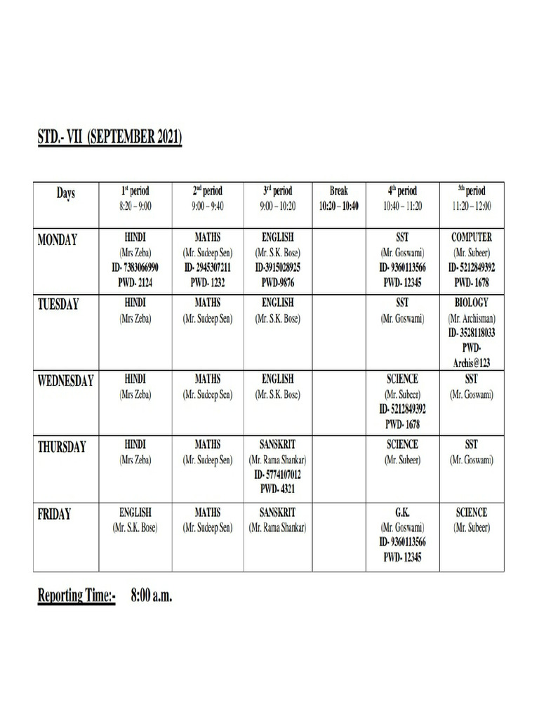 Class 7 Routine PDF | PDF