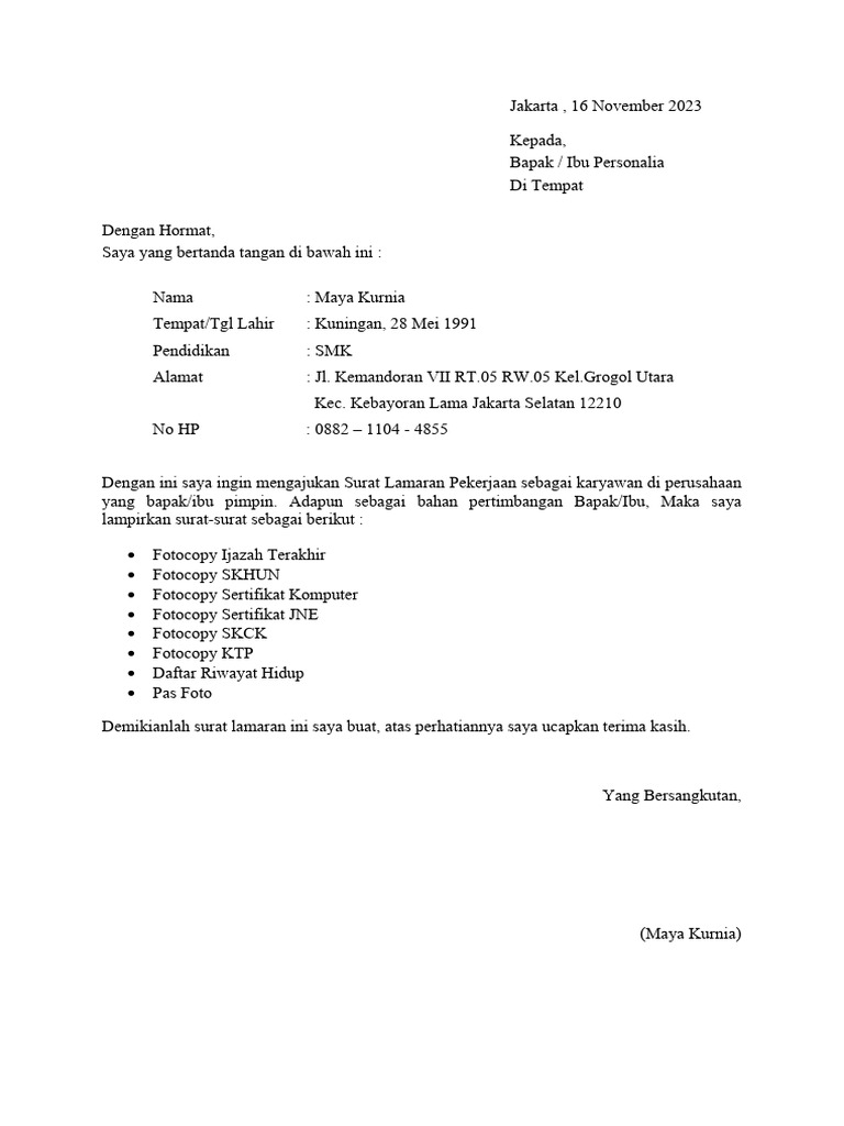 CV Lamaran Maya Kurnia | PDF