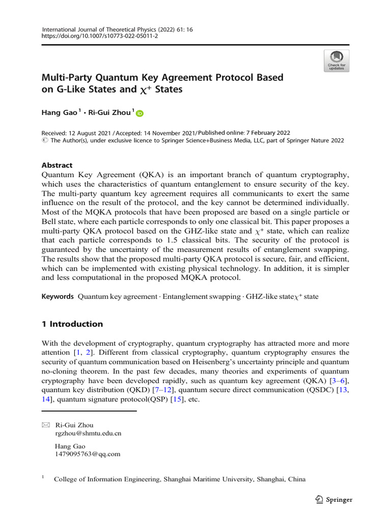 Multi-Party Quantum Key Agreement | PDF