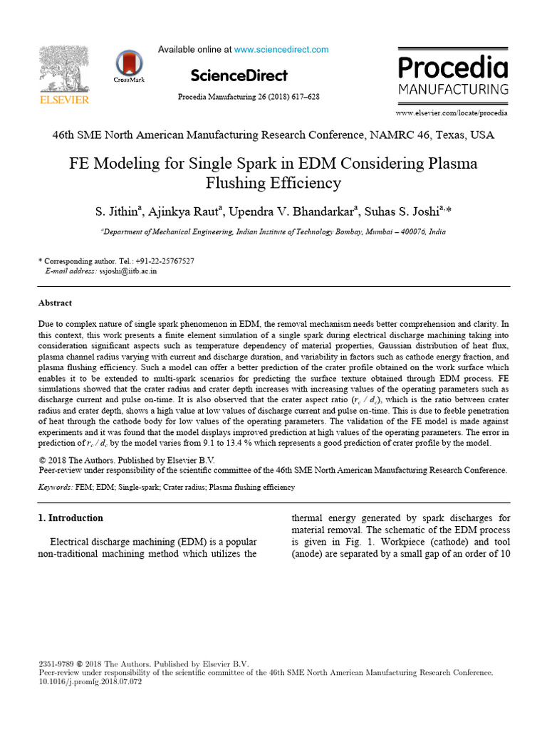 FE Modeling For Single Spark in EDM Considering Plasma Ety International Conference - S. Jithin ...