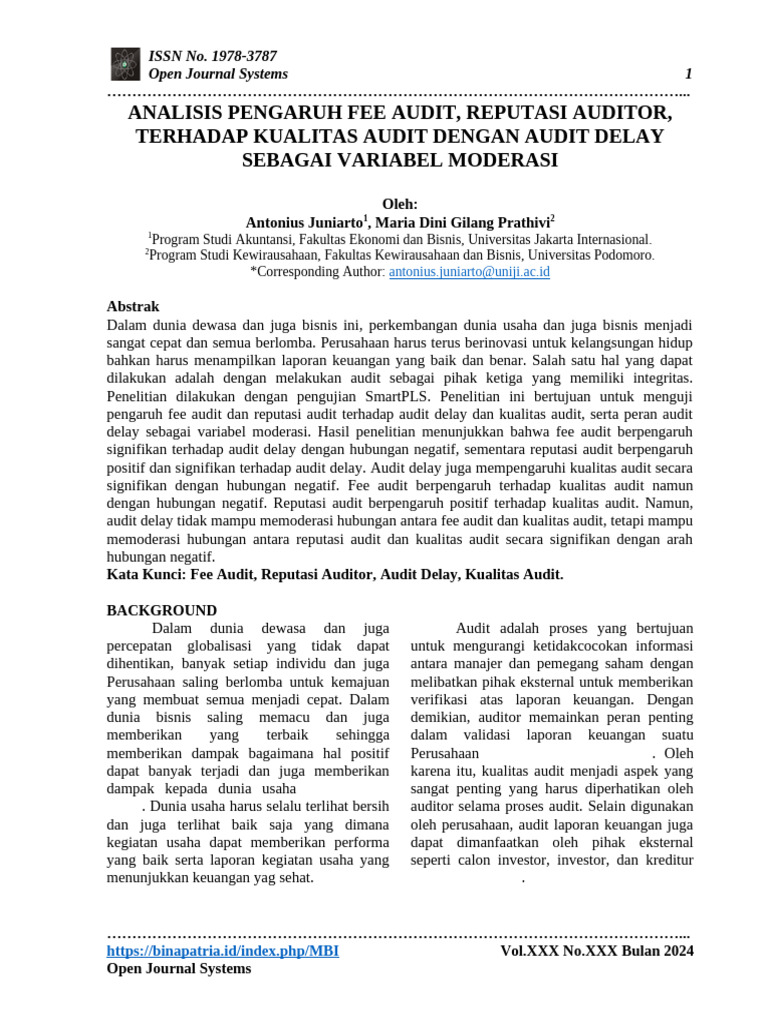 Analisis Pengaruh Fee Audit, Reputasi Auditor, Terhadap Kualitas Audit Dengan Audit Delay ...