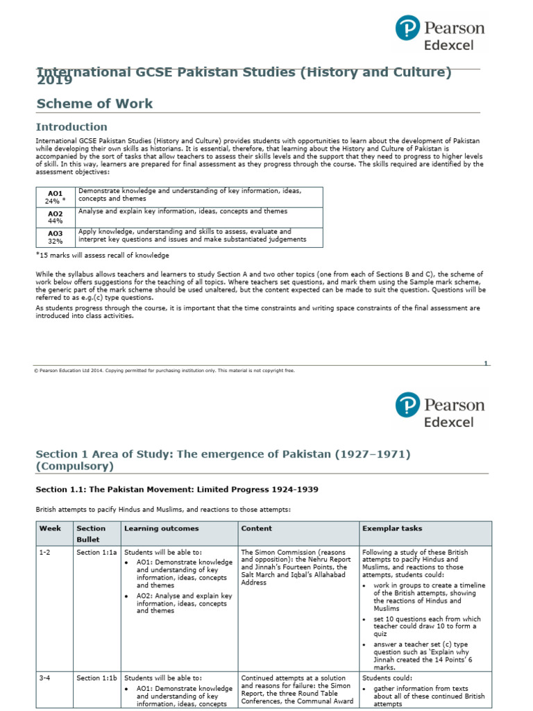 International GCSE Pakistan Studies SOW Paper 1 | PDF