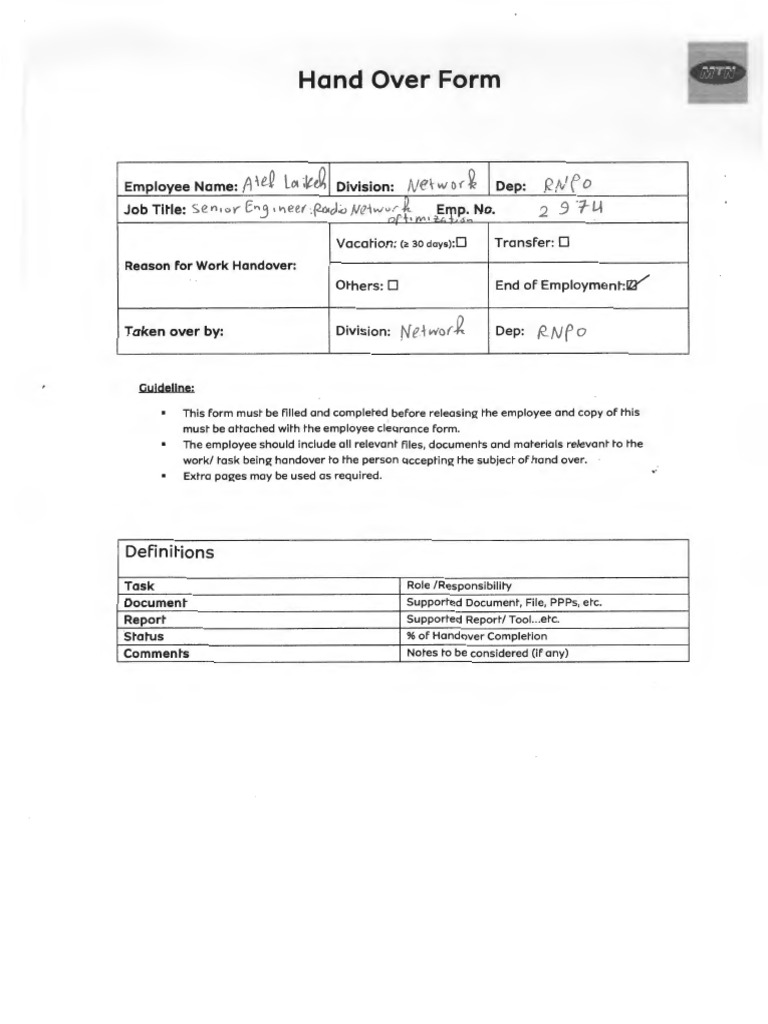 Hand Over Form | PDF