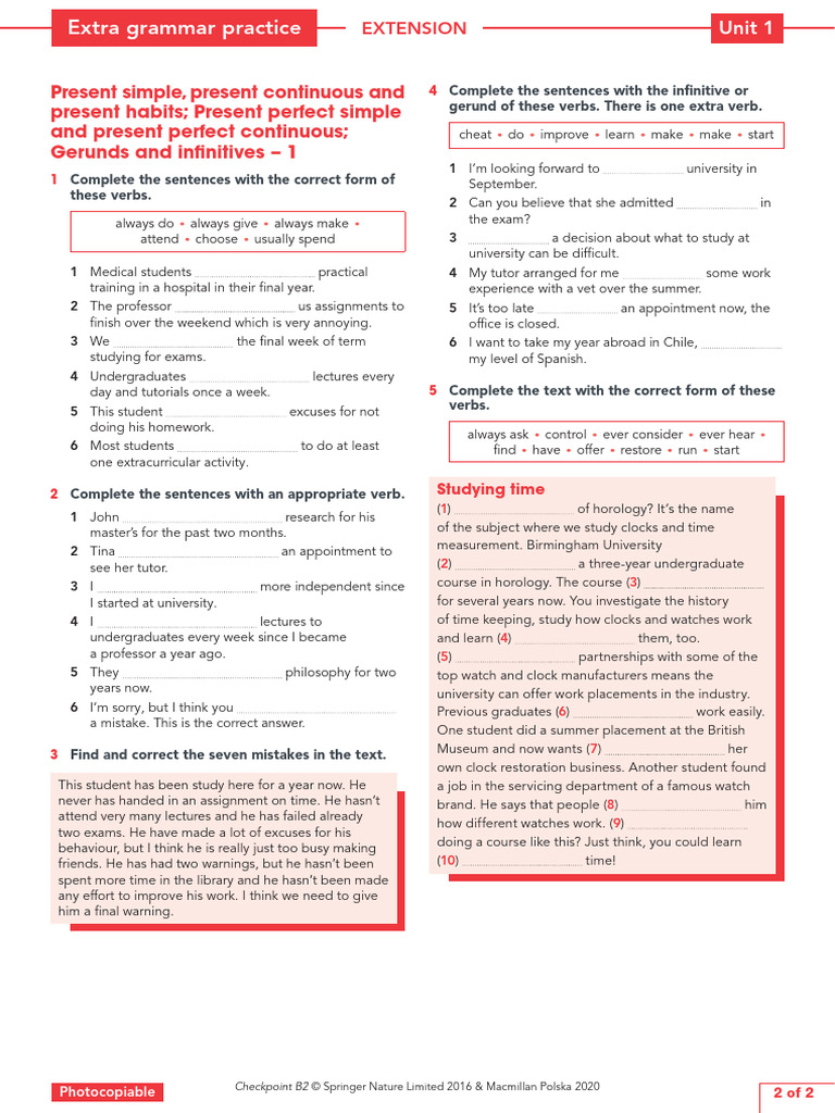Checkpoint B2 - TRC - Extra Grammar Practice - Extension - U1 | PDF