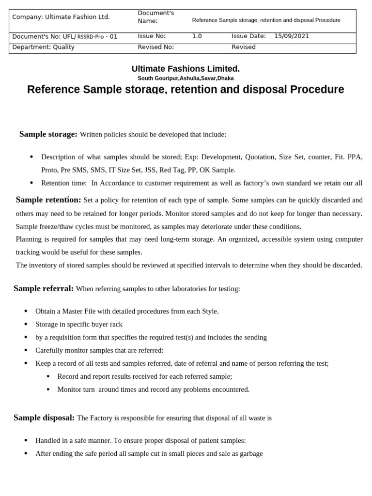 1. Referance Sample storage, retention and disposal Method | PDF