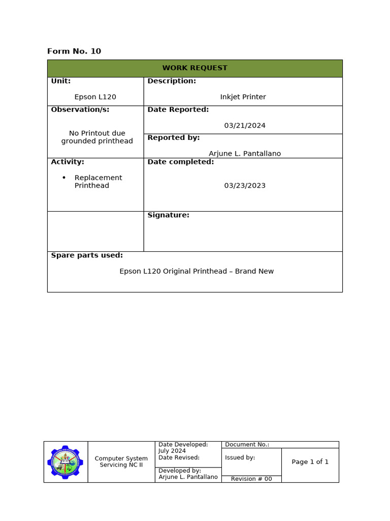 Form 10 - Work Request_ALPantallano | PDF