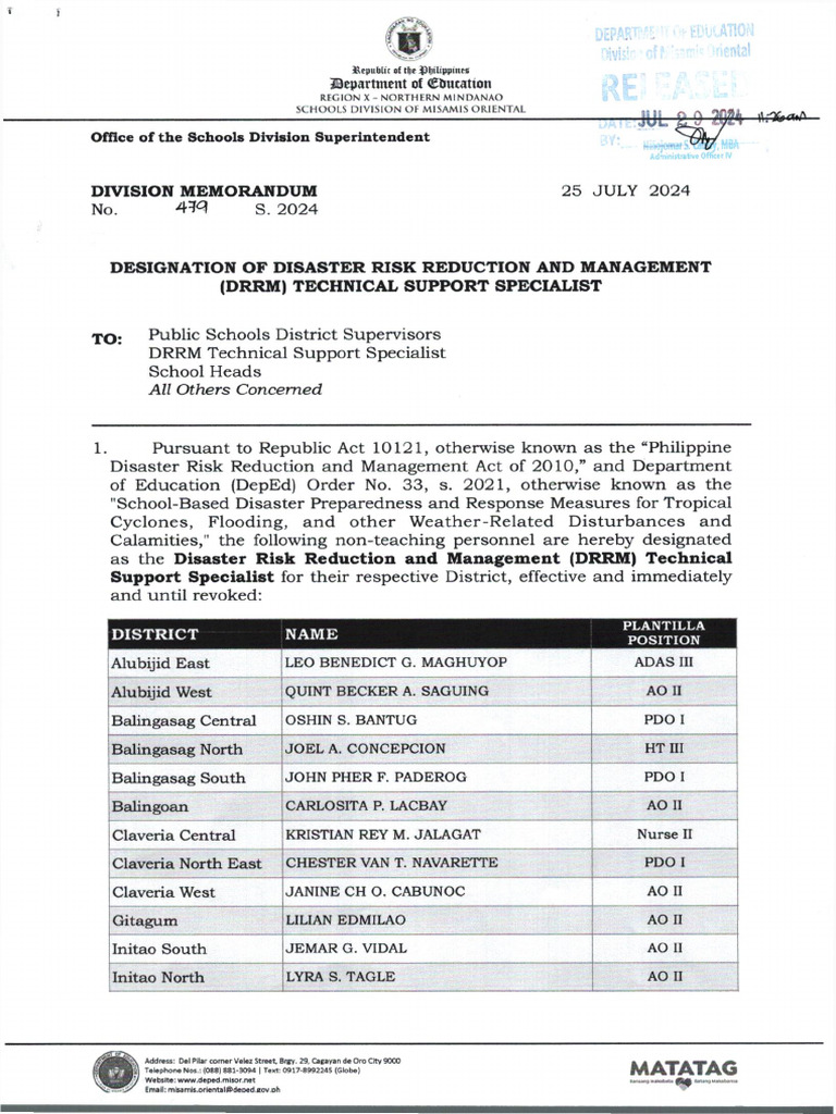DM 479 S 2024 Designation of Disaster Risk Reduction and Management DRRM Technical Support ...