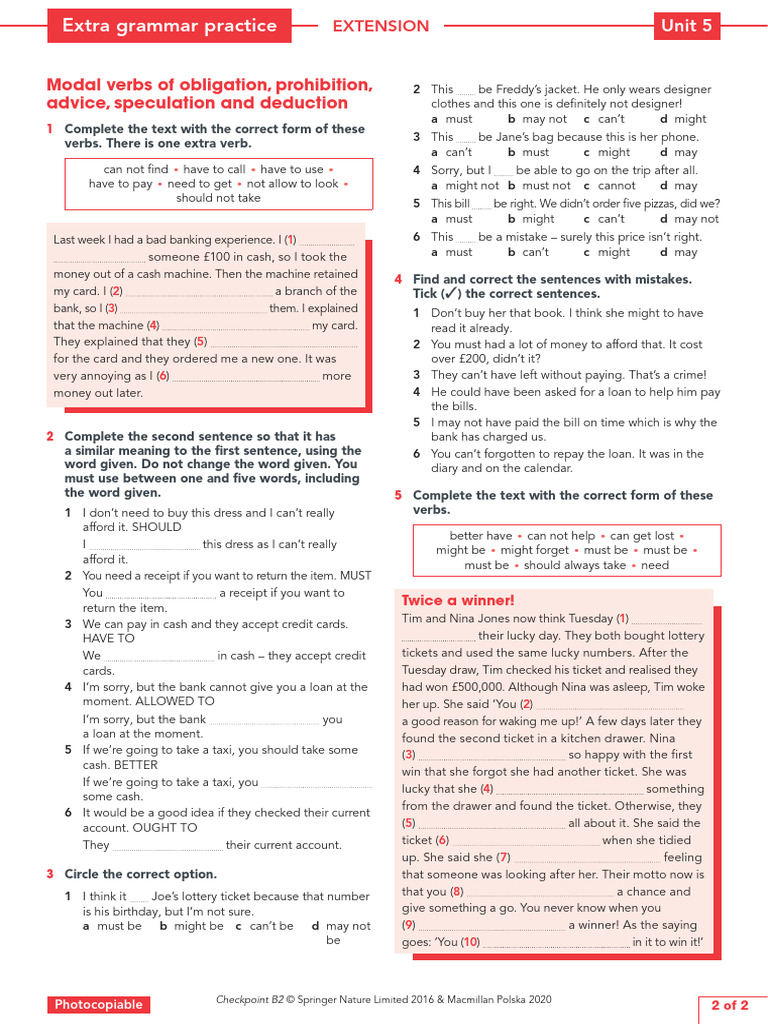 Checkpoint B2 - TRC - Extra Grammar Practice - Extension - U5 | PDF