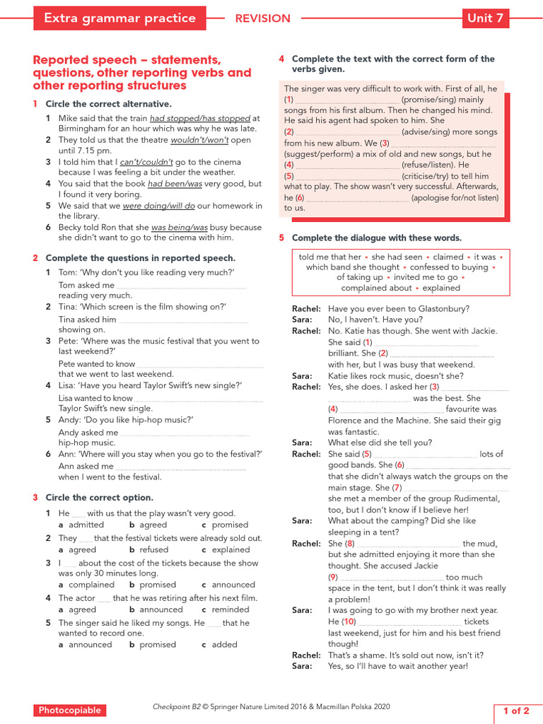 Checkpoint B2 - TRC - Extra Grammar Practice - Revision - U7 | PDF