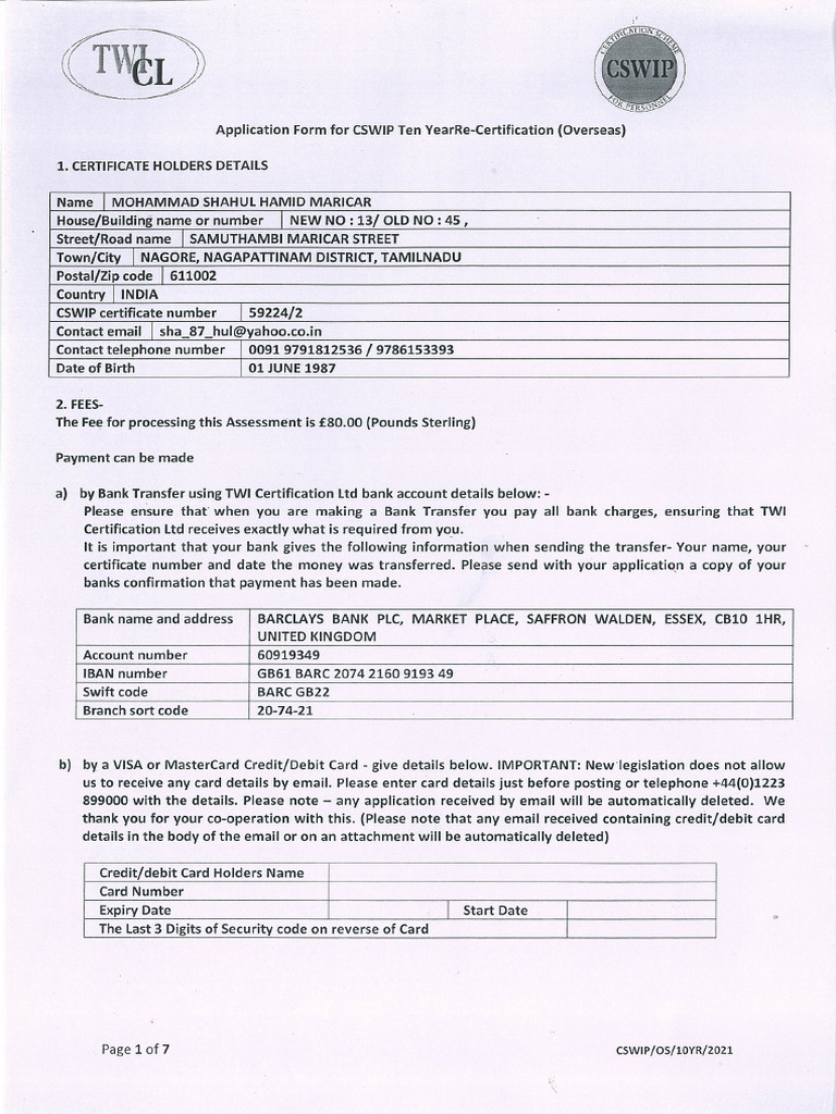 Cswip Renewal Form | PDF