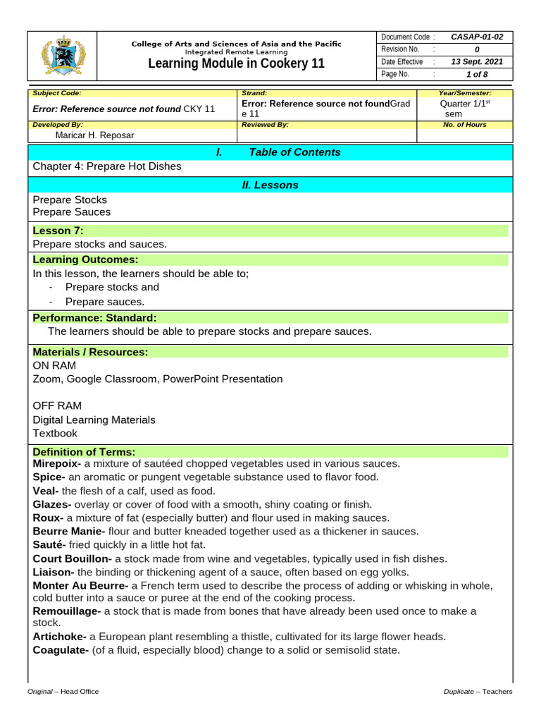 Week 13-14 Cookery - Grade 11-HE | PDF