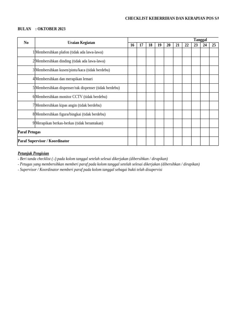 Checklist Kebersihan Pos Satpam | PDF