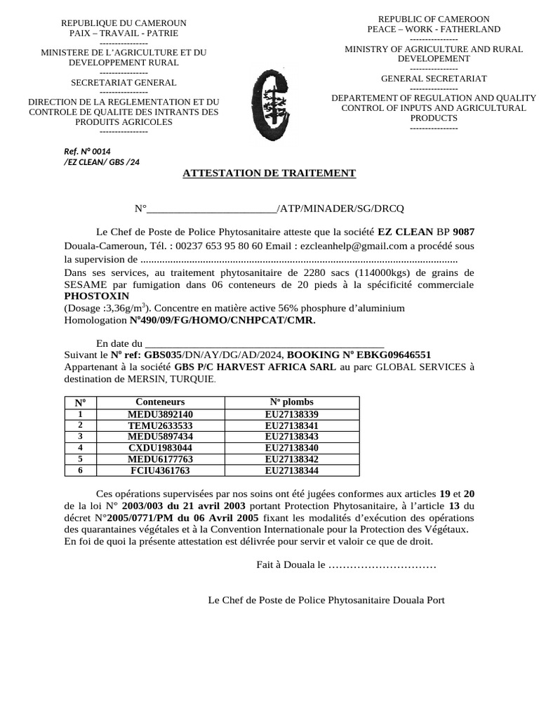 Attestation de Traitement GBS 035 | PDF