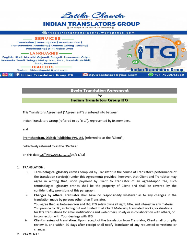 Books Translation Agreement Template | PDF | Legal Liability | Finance ...