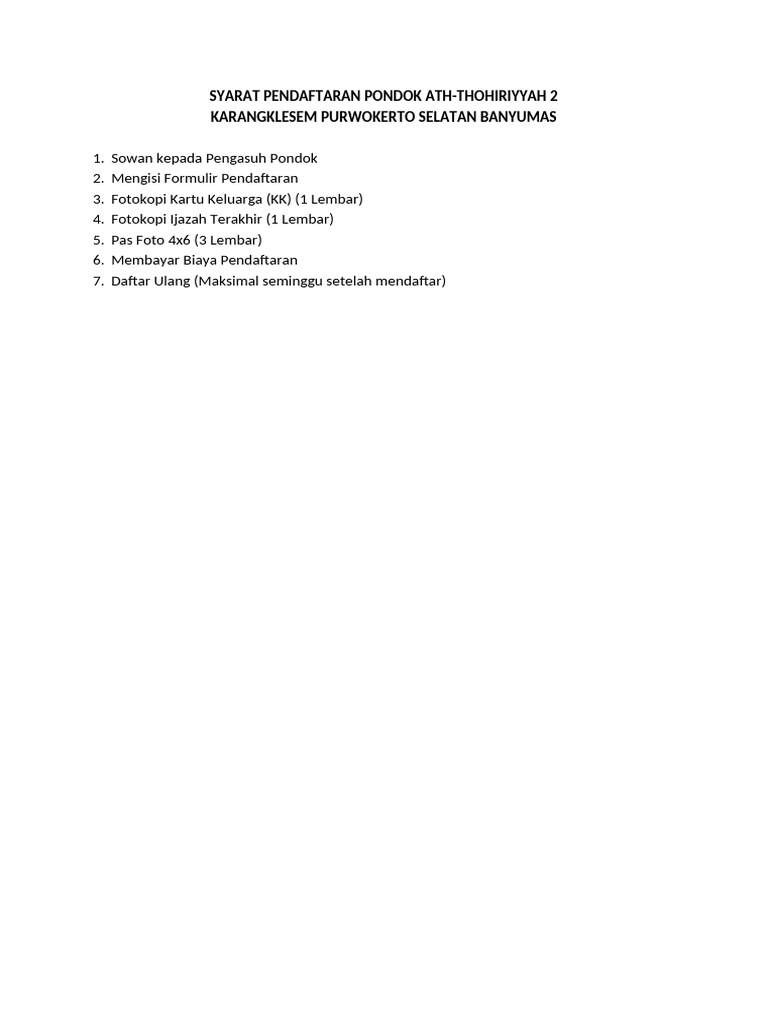 Syarat Pendaftaran Ponpes Ath 2 | PDF