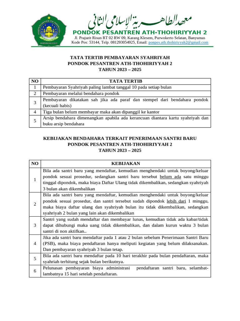 Tata Tertib Syahriyah Dan Kebijakan Bendahara Ponpes Ath-Thohiriyyah 2 | PDF