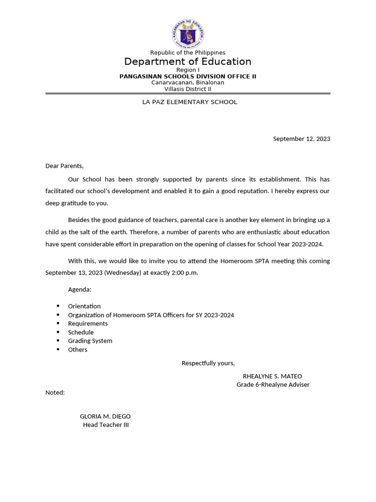 PTA Meeting Letter To The Parents | PDF