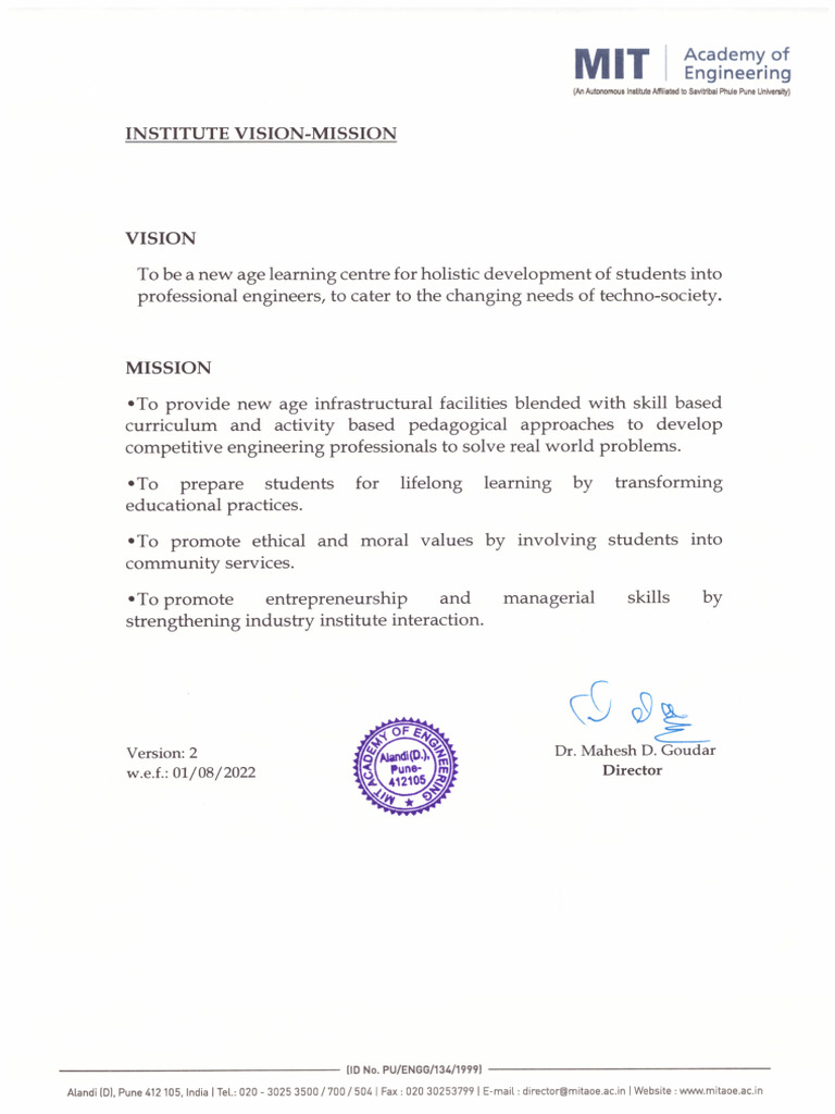 Institute Vision Mission Version 2 3 | PDF