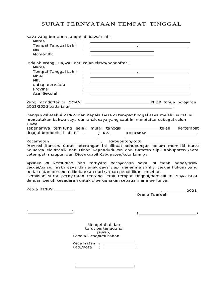 Surat Pernyataan Tempat Tinggal | PDF