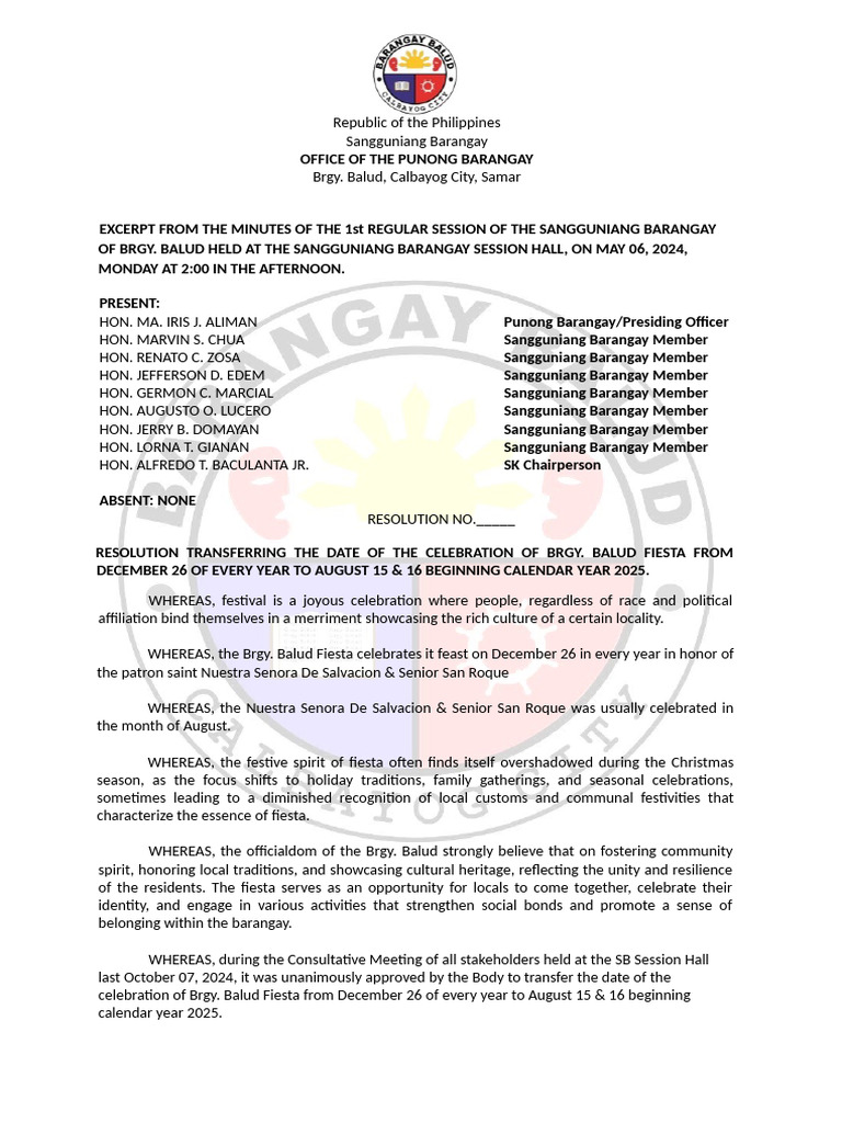 Resolution Transfering Brgy. Fiesta | PDF | Festival | Sports & Recreation