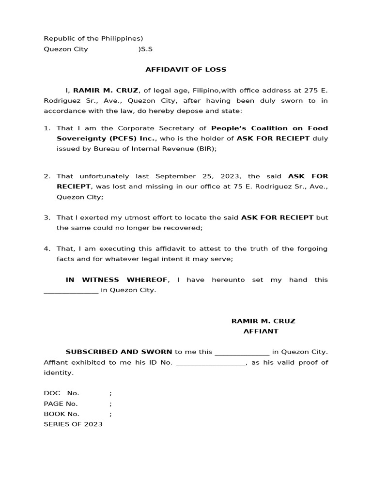 Affidavit of Loss ASK FO RECIPT | PDF