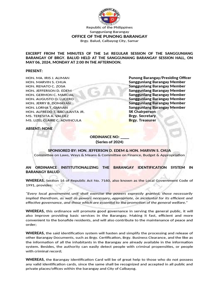Ordinance-Brgy ID | PDF