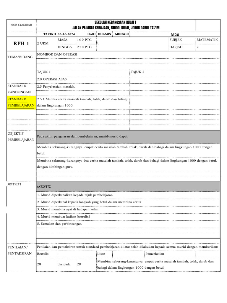 Erph Math Tahun 2 Bahagi Penyelesaian Masalah | PDF