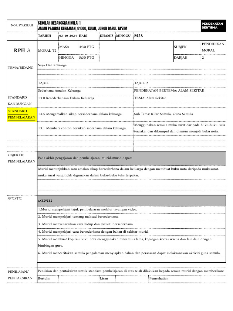 Erph Pendekatan Bertema Moral Tahun 2 | PDF