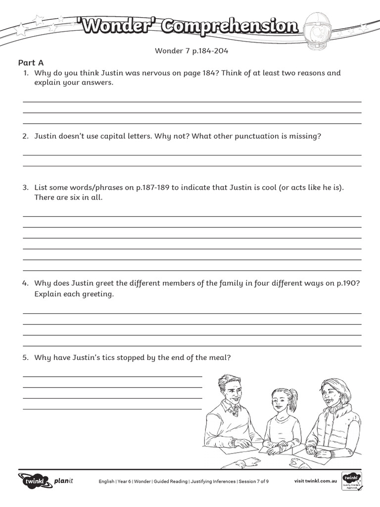 Wonder Comprehension Activity Sheet 7 BW | PDF