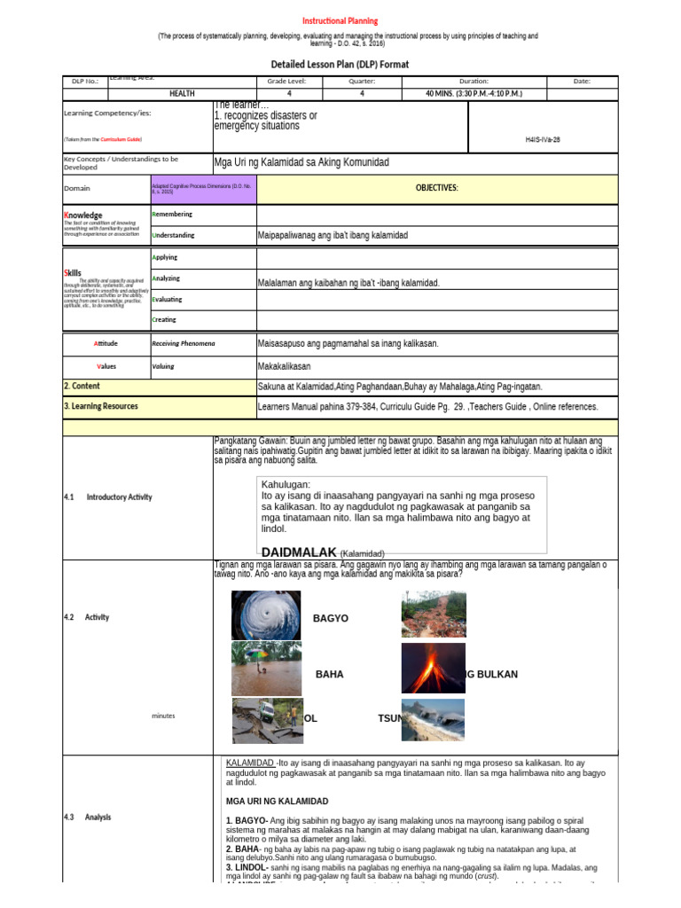 COT MAPEH Health 4TH QUARTER (Mga Uri NG Kalamidad) | PDF