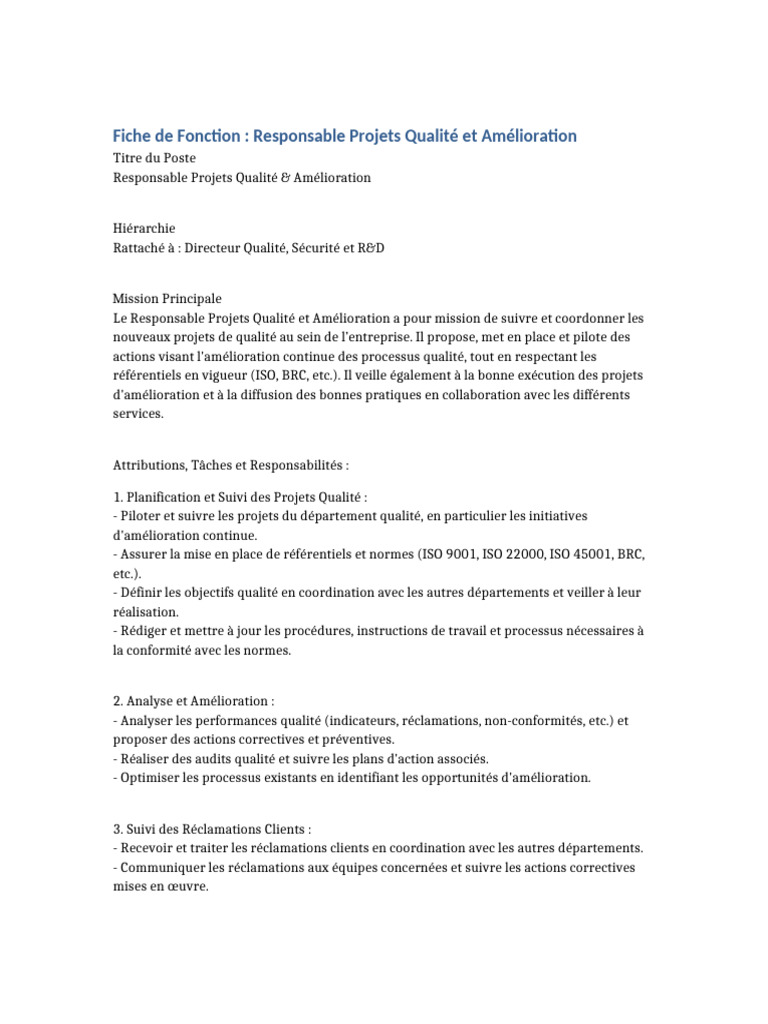 Fiche_de_fonction_Responsable_Projets_Qualité_Amélioration | PDF