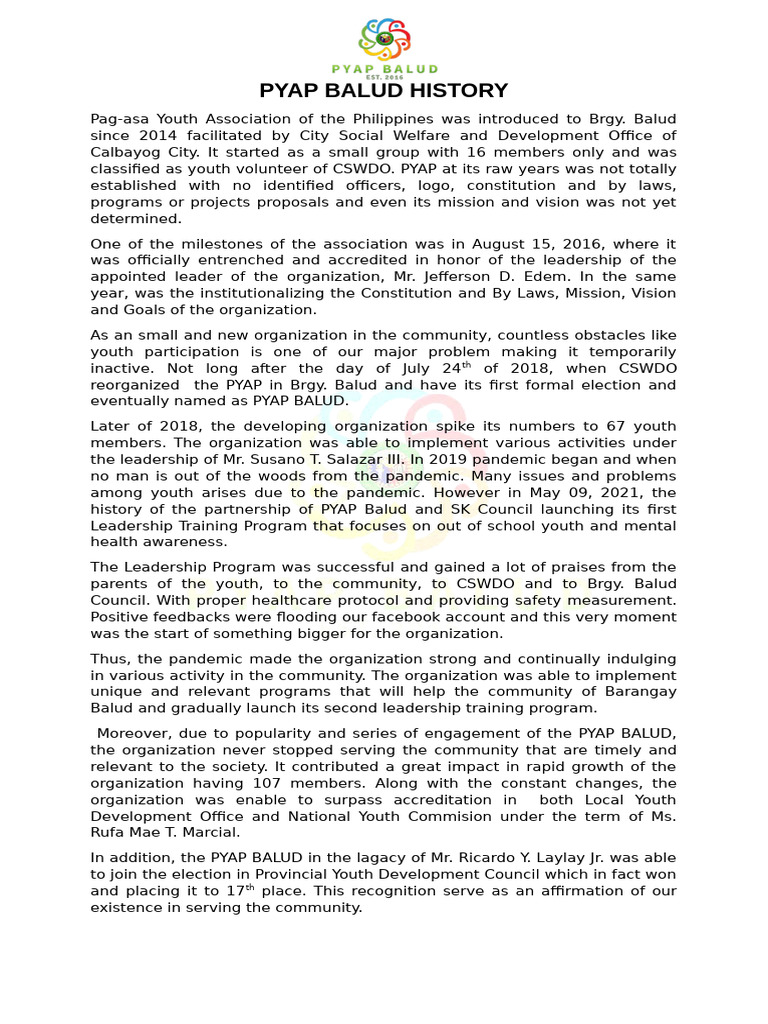 Pyap Balud Organization History | PDF