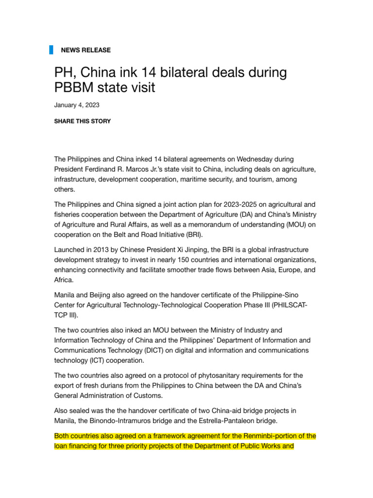 PH, China Ink 14 Bilateral Deals During PBBM State Visit | PDF