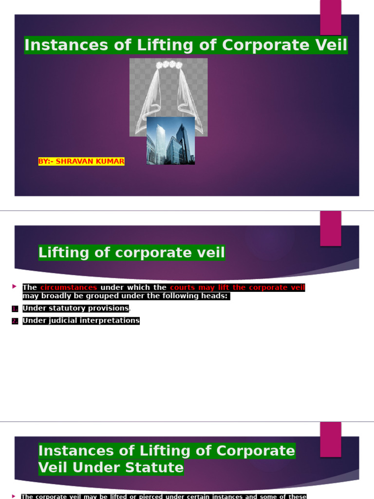 Instances of Lifting of Corporate Veil | PDF