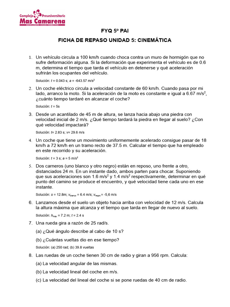 Ficha Repaso U5 Cinemática | PDF
