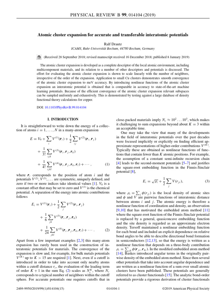 Atomic Cluster Expansion For Accurate and Transferable Interatomic Potentials | PDF