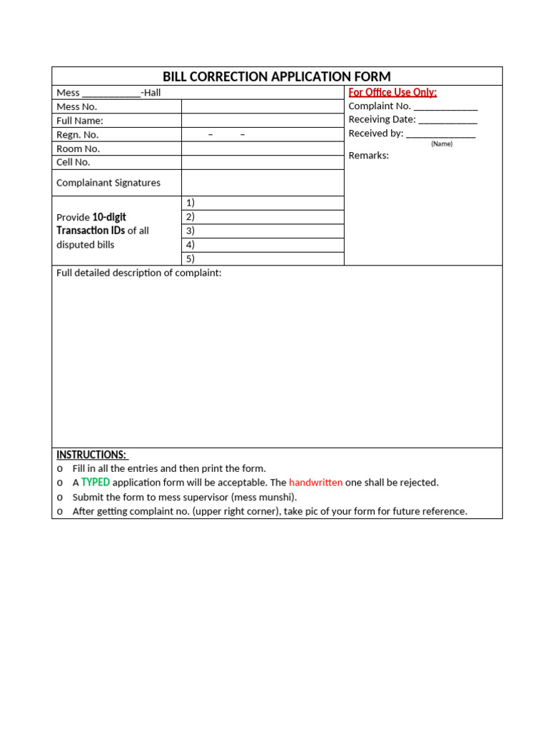 Form O1 Mess Bill Correction Applications Form | PDF