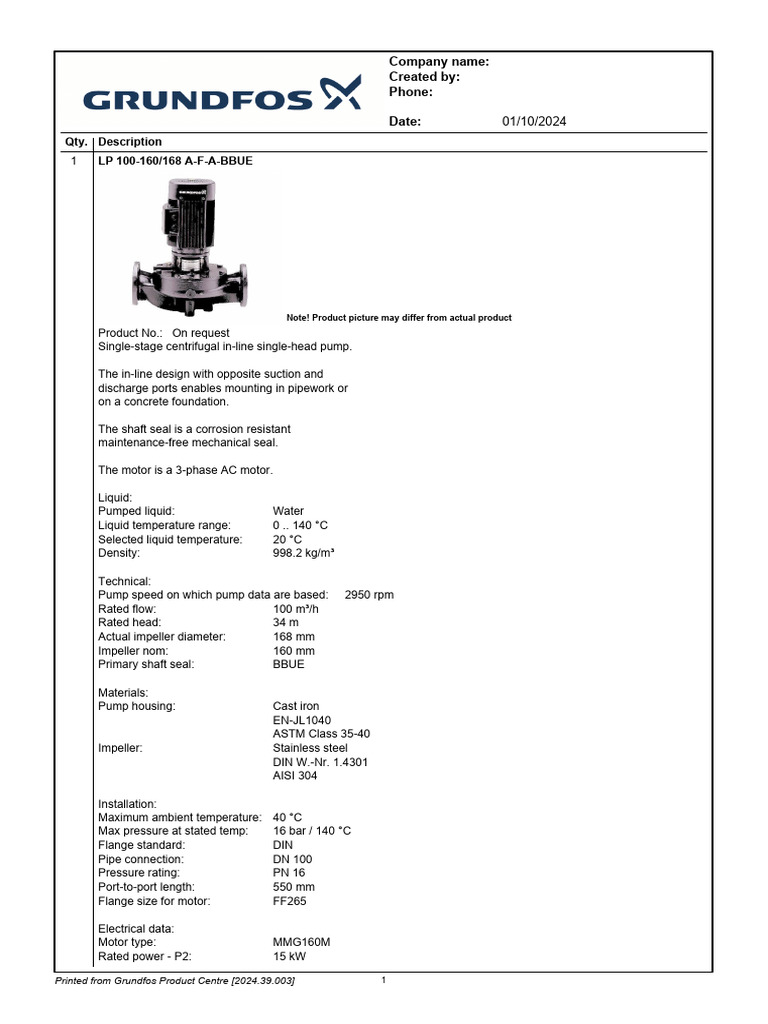Grundfos Inline Pump LP 100-160 | PDF