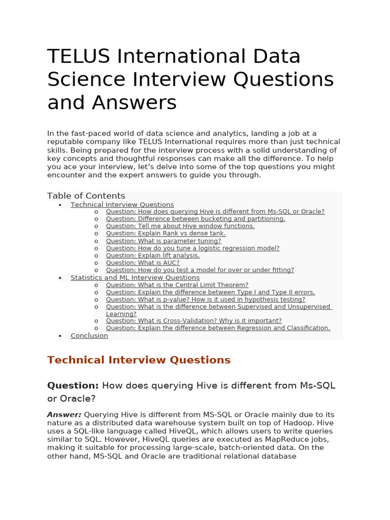 TELUS International Data Science Interview Questions and Answers | PDF