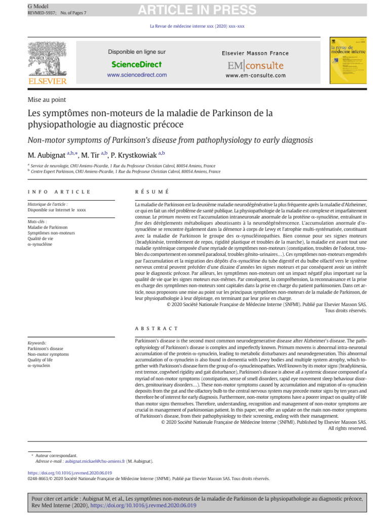Les Symptômes Non-Moteurs de La Maladie de Parkinson de La ...