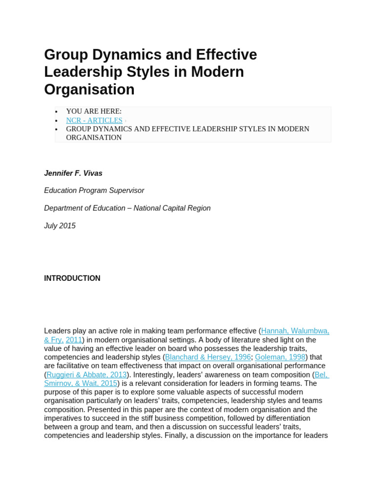Group Dynamics and Effective Leadership Styles in Modern Organisation | PDF