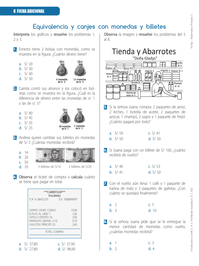 FA - Equivalencia y Canjes Con Monedas Billetes | PDF