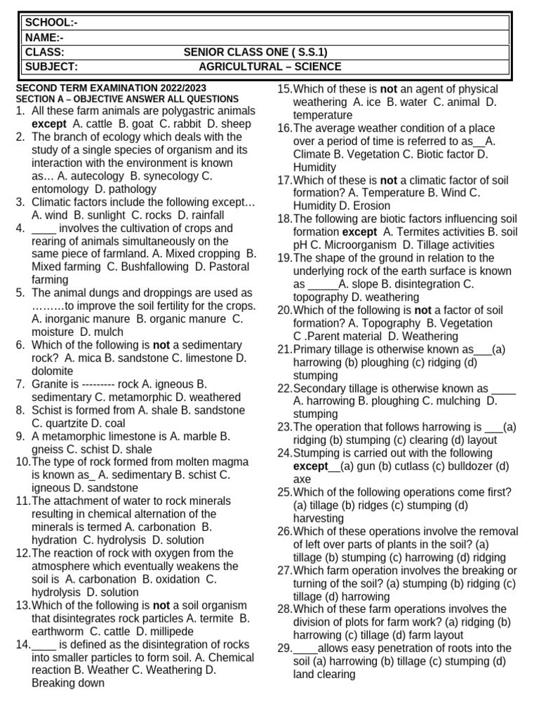 Agric Science Ss1 2nd T-Exam | PDF