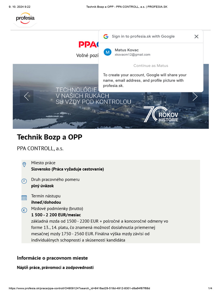 Technik Bozp A OPP - PPA CONTROLL, A.S. - PROFESIA - SK | PDF