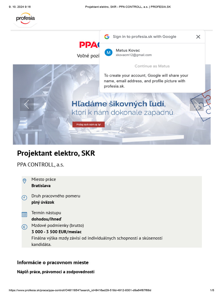 Projektant Elektro, SKR - PPA CONTROLL, A.S. - PROFESIA - SK | PDF