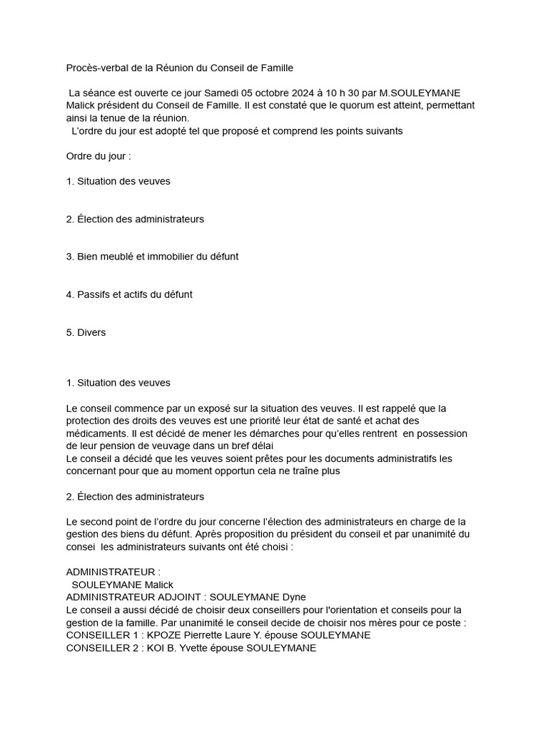 Procès-verbal de la Réunion du Conseil de Famille | PDF