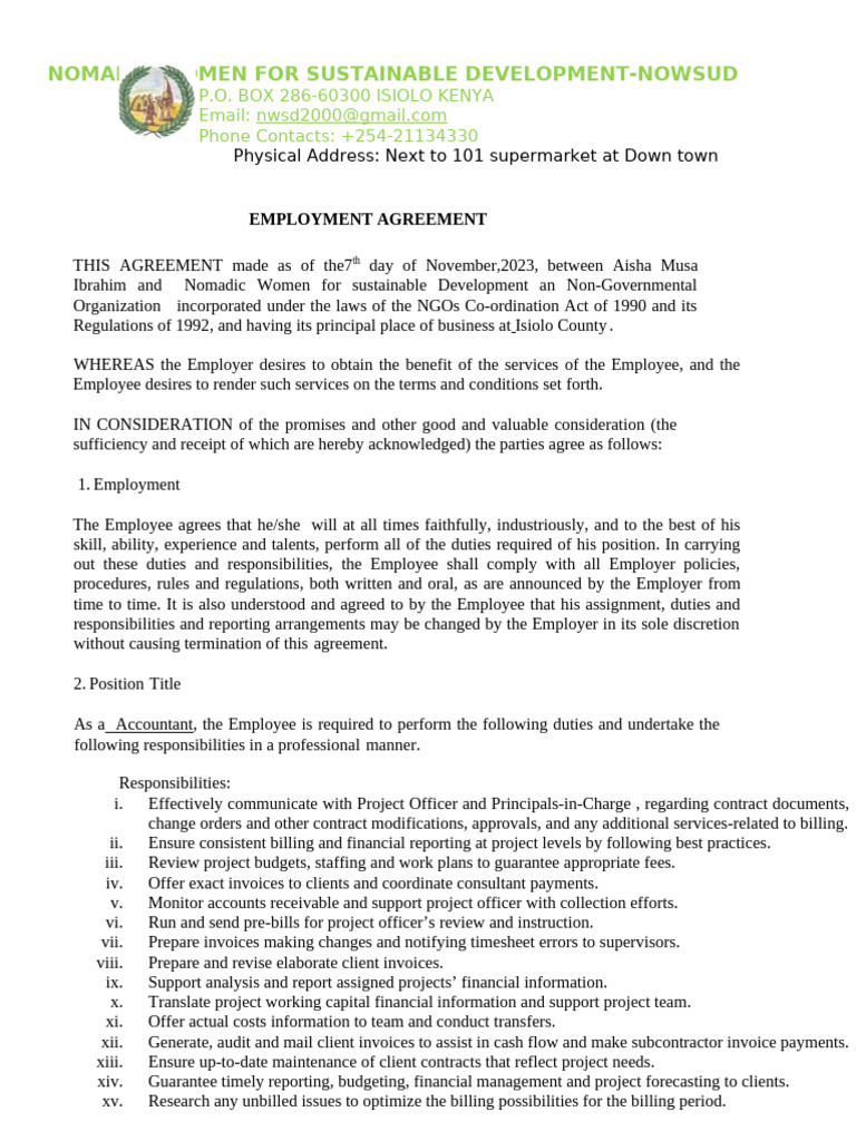 Employment Agreement-Project Accountant | PDF