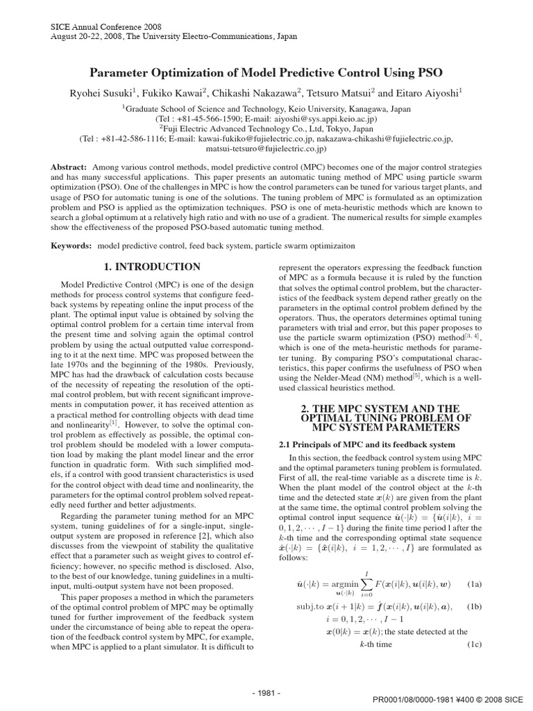 Parameter Optimization of Model Predictive Control Using PSO | PDF