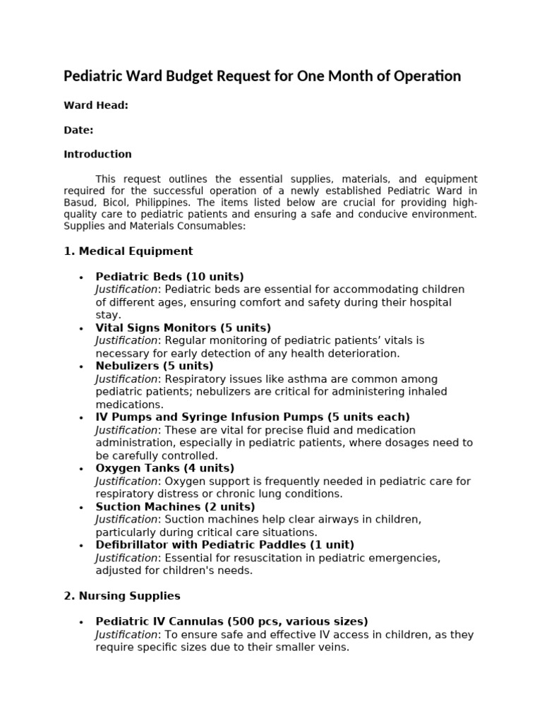 Pediatric Ward Budget Request For One Month of Operation | PDF
